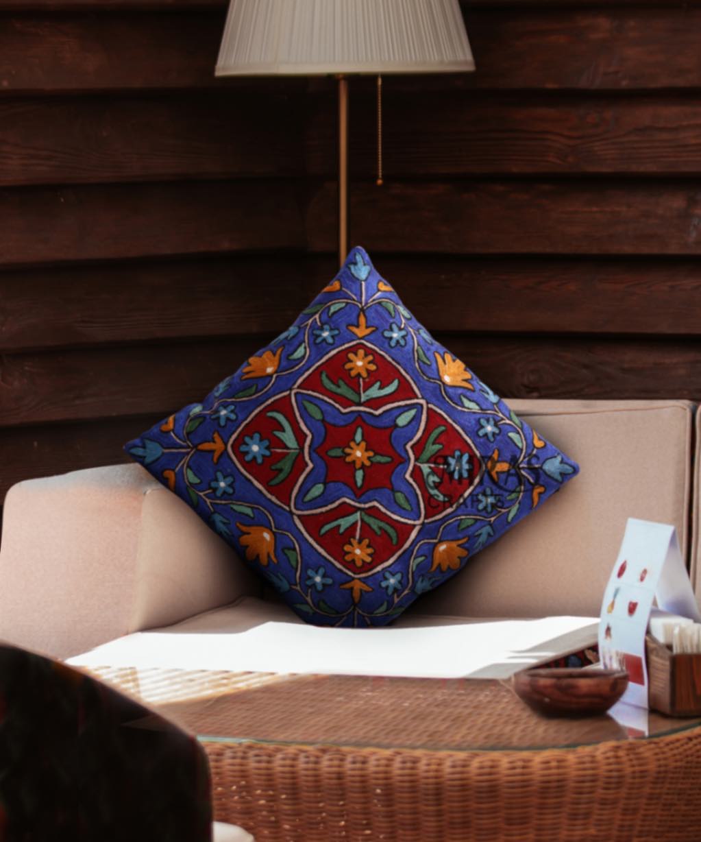 Miras Royal Blue And Red Floral Design Handmade Cushion Cover – Miras ...